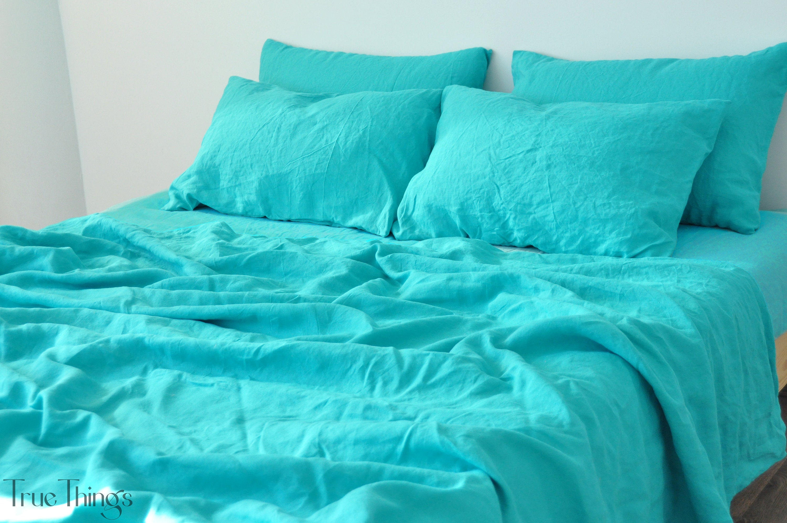 Turquoise Linen Sheet Set 1 Flat Sheet and 1 Fitted Sheet and 2 ...