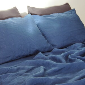 Ocean Blue Linen Sheet Set 1 Flat Sheet and 1 Fitted Sheet and 2 ...