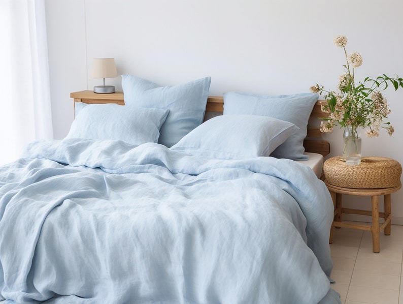 Sky Blue Melange Linen Bedding Set 1 Duvet Cover and 2 Pillowcases in ...