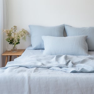 Sky Blue Melange Linen Sheet Set 1 Flat Sheet and 1 Fitted Sheet and 2 ...