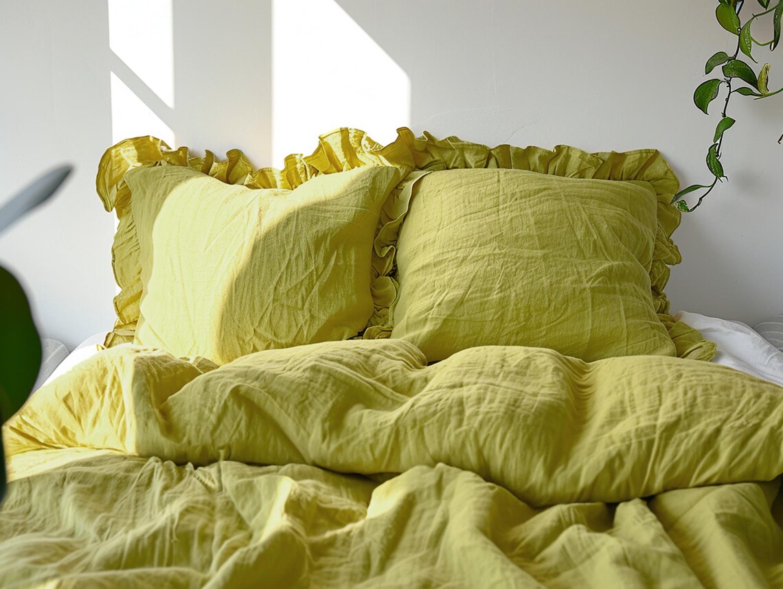 Chartreuse Yellow Linen Triple Ruffled Duvet Cover 1 Duvet Cover ...