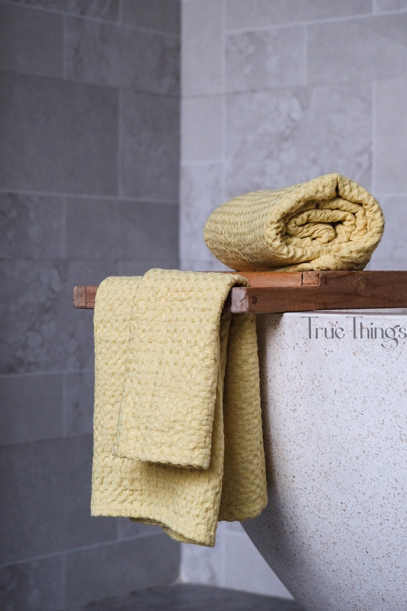 Chartreuse Yellow Waffle Linen Bath Towels Yellow Linen Bath Towel Set ...