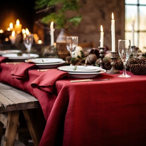 Maroon Rectangle Linen Tablecloth Christmas Theme Round Square ...