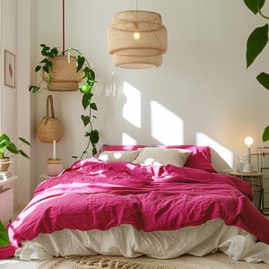 Fuchsia Linen Bedding Set 1 Duvet Cover and 2 Pillowcases Softened ...