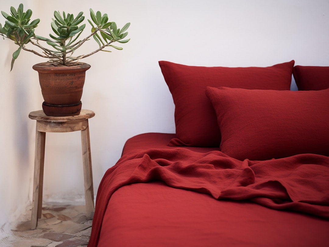 Maroon Linen Sheet Set 1 Flat Sheet and 1 Fitted Sheet and 2 ...