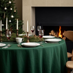 Forest Green Round Linen Tablecloth Christmas Theme Rectangle Square ...
