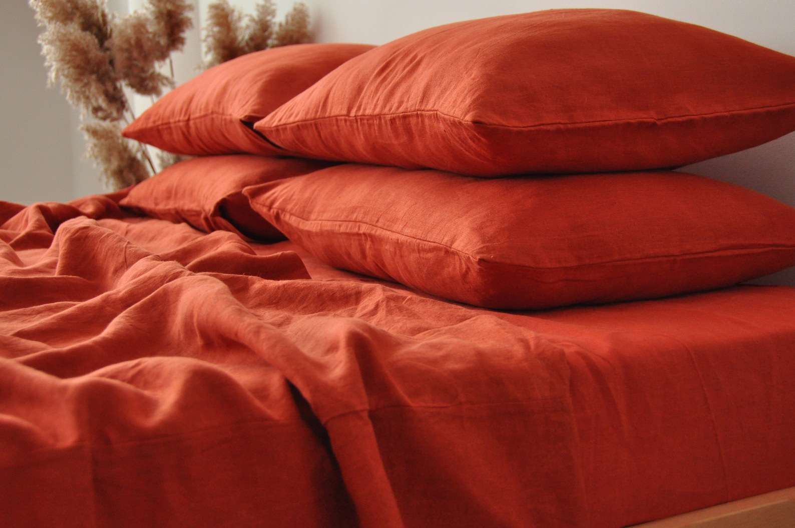 Terracotta Linen Sheet Set 1 Flat Sheet and 1 Fitted Sheet and 2 ...