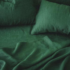 Forest Green Linen Sheet Set 1 Flat Sheet and 1 Fitted Sheet and 2 ...