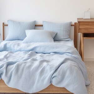 Sky Blue Melange Linen Bedding Set 1 Duvet Cover and 2 Pillowcases in ...