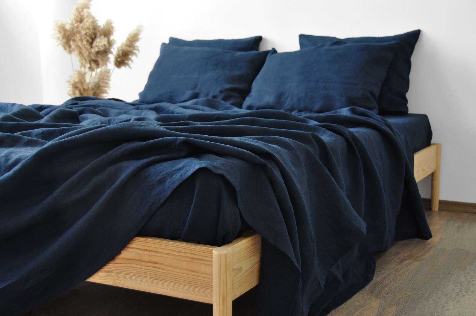 Navy Linen Sheet Set 1 Flat Sheet and 1 Fitted Sheet and 2 Pillowcases ...