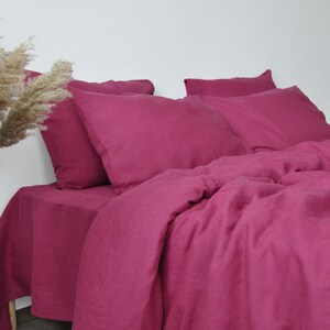 Raspberry Linen Bedding Set 1 Duvet Cover and 2 Pillowcases Softened ...