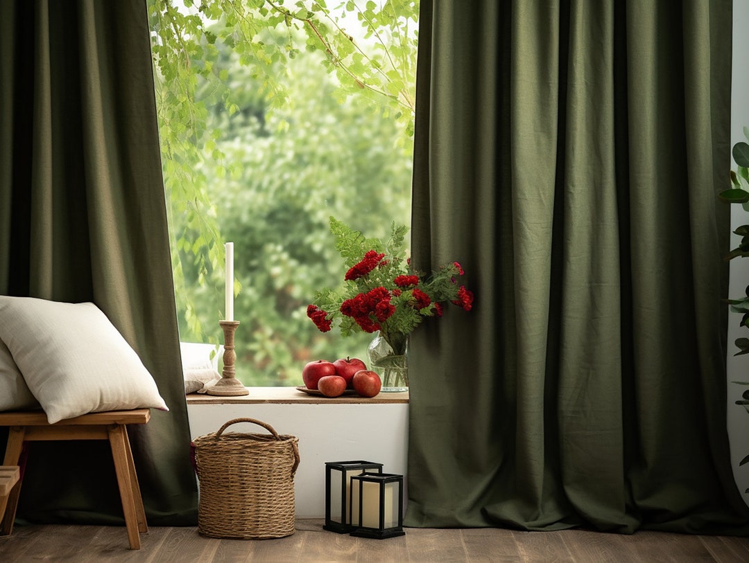 Dark Olive Regular and Blackout Linen Curtains 2 Panels Unlined Cotton ...