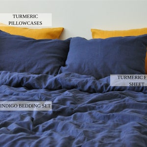 Indigo Linen Bedding Set 1 Duvet Cover and 2 Pillowcases Softened Linen ...