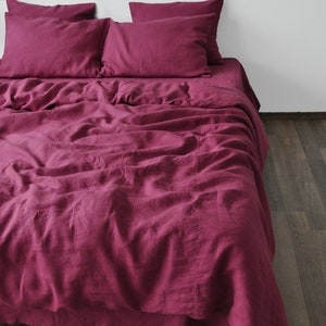 Raspberry Linen Bedding Set 1 Duvet Cover and 2 Pillowcases Softened ...