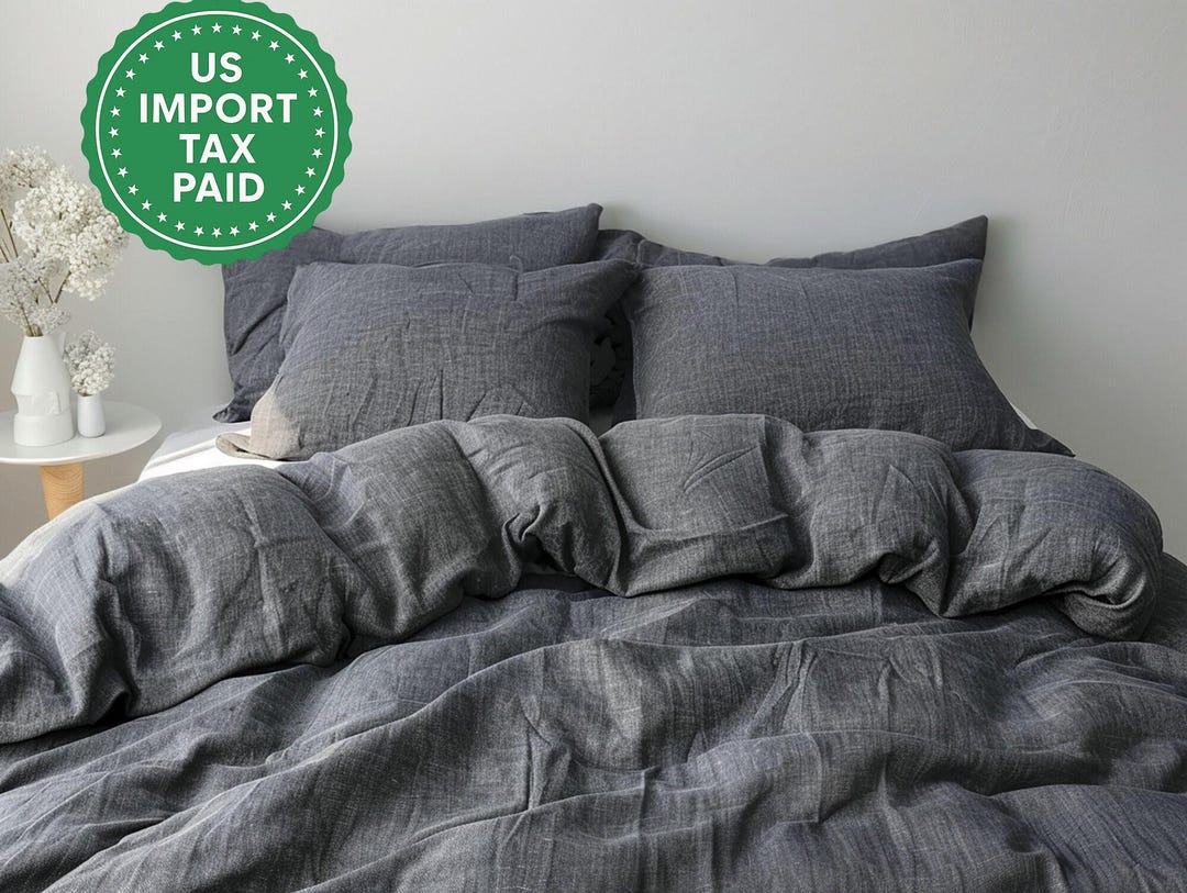 Dark Gray Melange Linen Bedding Set Duvet Cover and 2 Pillowcases in ...
