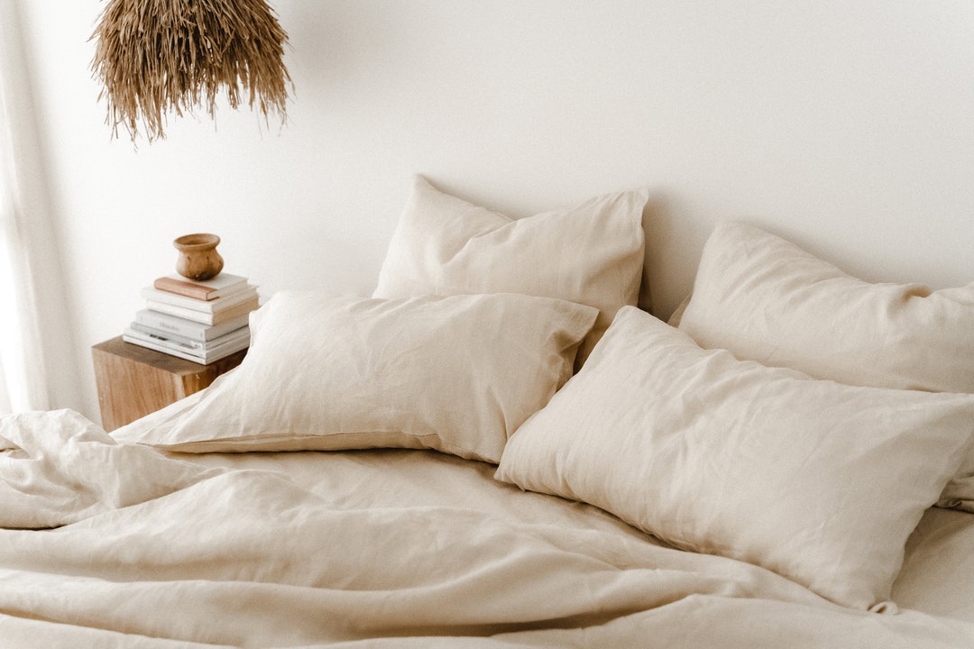 Beige Linen Bedding Set 1 Duvet Cover and 2 Pillowcases Softened Linen ...