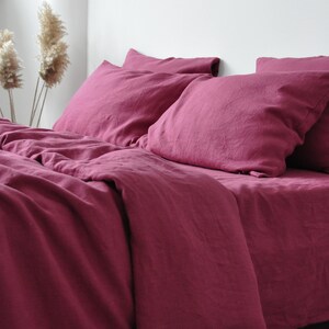 Raspberry Linen Bedding Set 1 Duvet Cover and 2 Pillowcases Softened ...