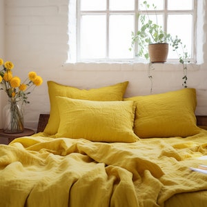 Mustard Linen Sheet Set 1 Flat Sheet and 1 Fitted Sheet and 2 ...