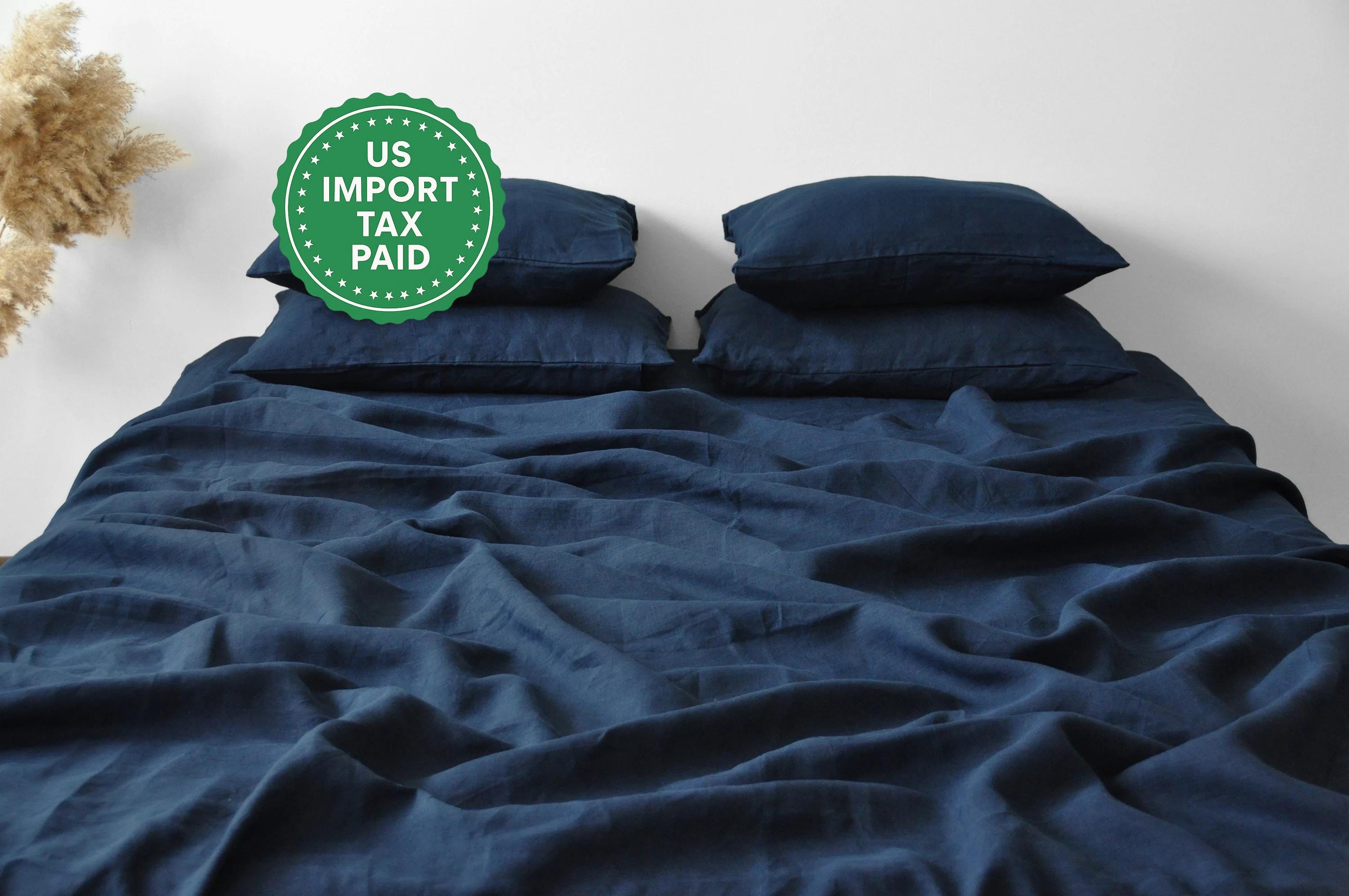 Navy Linen Sheet Set 1 Flat Sheet and 1 Fitted Sheet and 2 Pillowcases ...