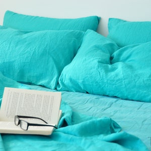 Turquoise Linen Sheet Set 1 Flat Sheet and 1 Fitted Sheet and 2 ...