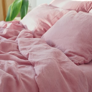 Rose Pink Linen Bedding Set 1 Duvet Cover and 2 Pillowcases Softened ...