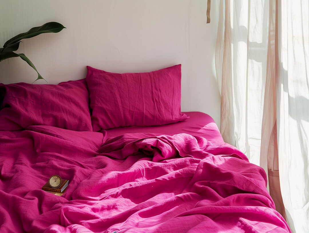 Fuchsia Linen Sheet Set 1 Flat Sheet and 1 Fitted Sheet and 2 ...