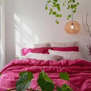 Fuchsia Linen Bedding Set 1 Duvet Cover and 2 Pillowcases Softened ...