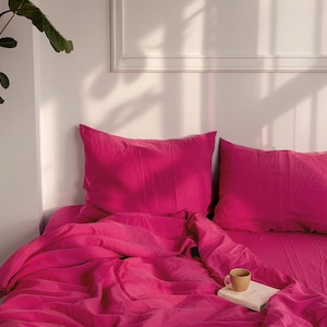 Fuchsia Linen Bedding Set 1 Duvet Cover and 2 Pillowcases Softened ...