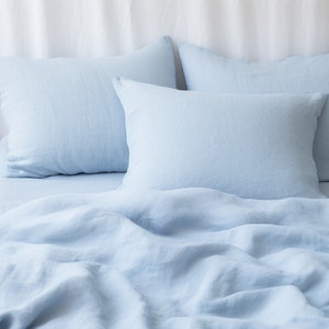 Sky Blue Melange Linen Sheet Set 1 Flat Sheet and 1 Fitted Sheet and 2 ...