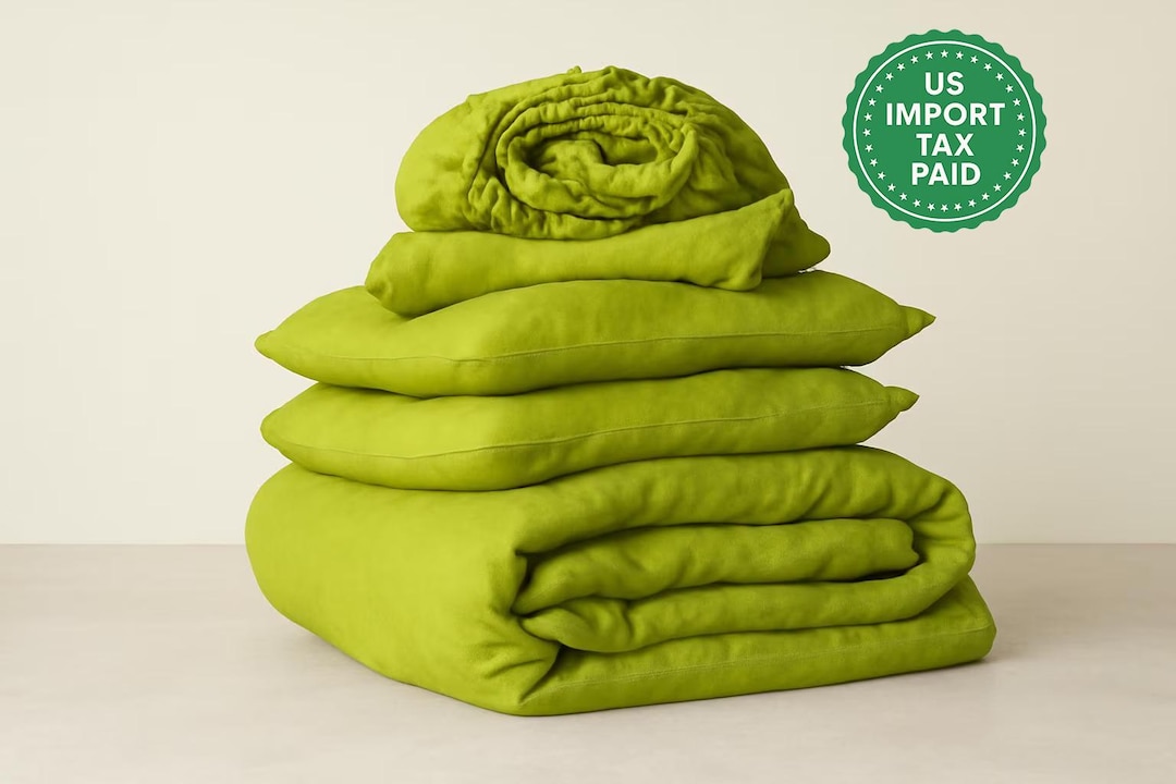 Chartreuse Green Softened Linen 4piece Bedding Set 1 Duvet Cover and 1 ...