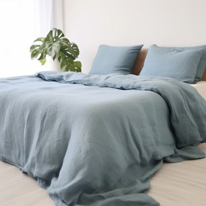Dusty Blue Linen Bedding Set 1 Duvet Cover and 2 Pillowcases Softened ...