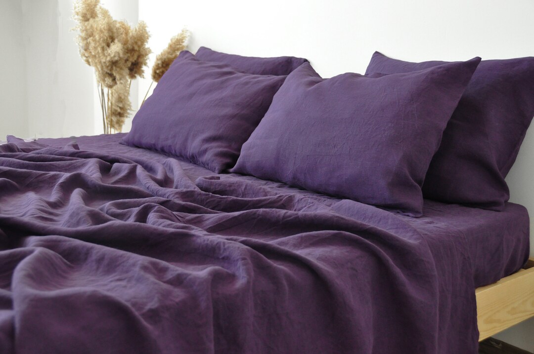 Deep Purple Linen Sheet Set 1 Flat Sheet and 1 Fitted Sheet and 2 ...