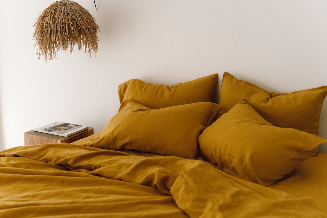 Ochre Linen Bedding Set Duvet Cover and Pillowcases in Ochre Color ...