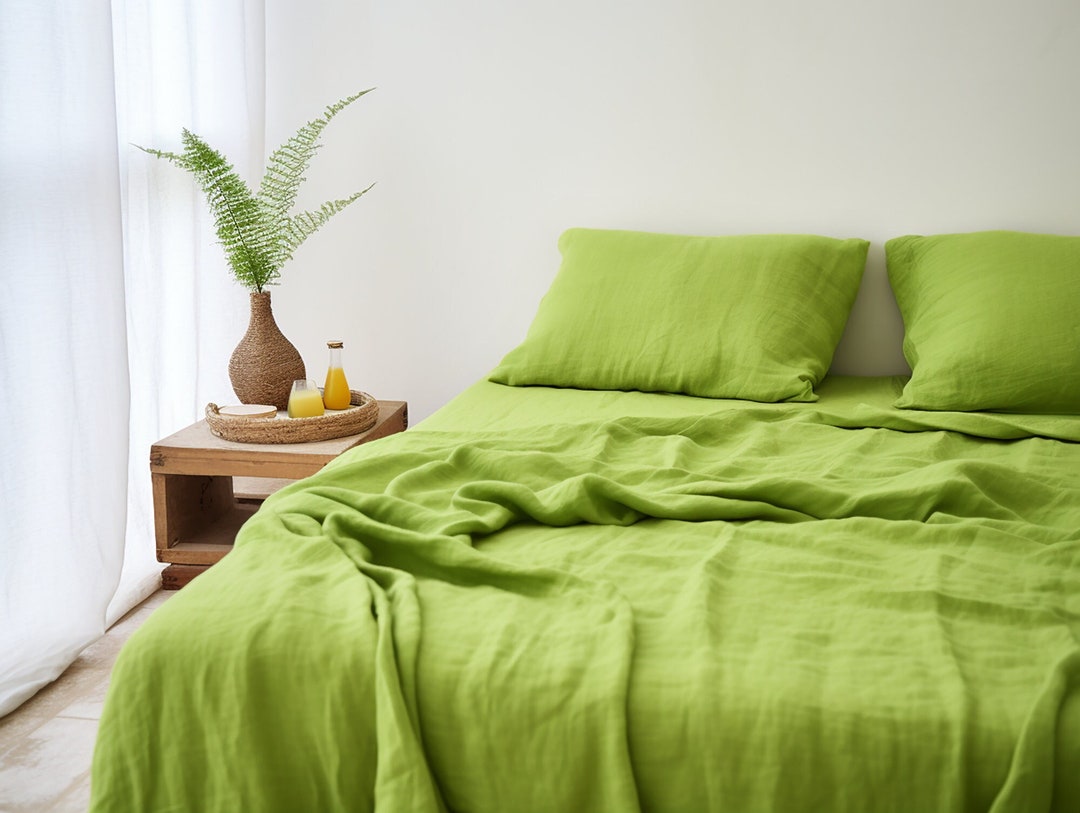 Chartreuse Green Linen Sheet Set 1 Flat Sheet and 1 Fitted Sheet and 2 ...