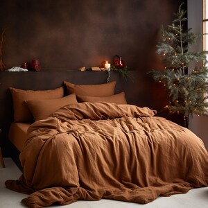 Christmas Cinnamon Linen Bedding Set 1 Duvet Cover and 2 Pillowcases Brown Softened Linen ...