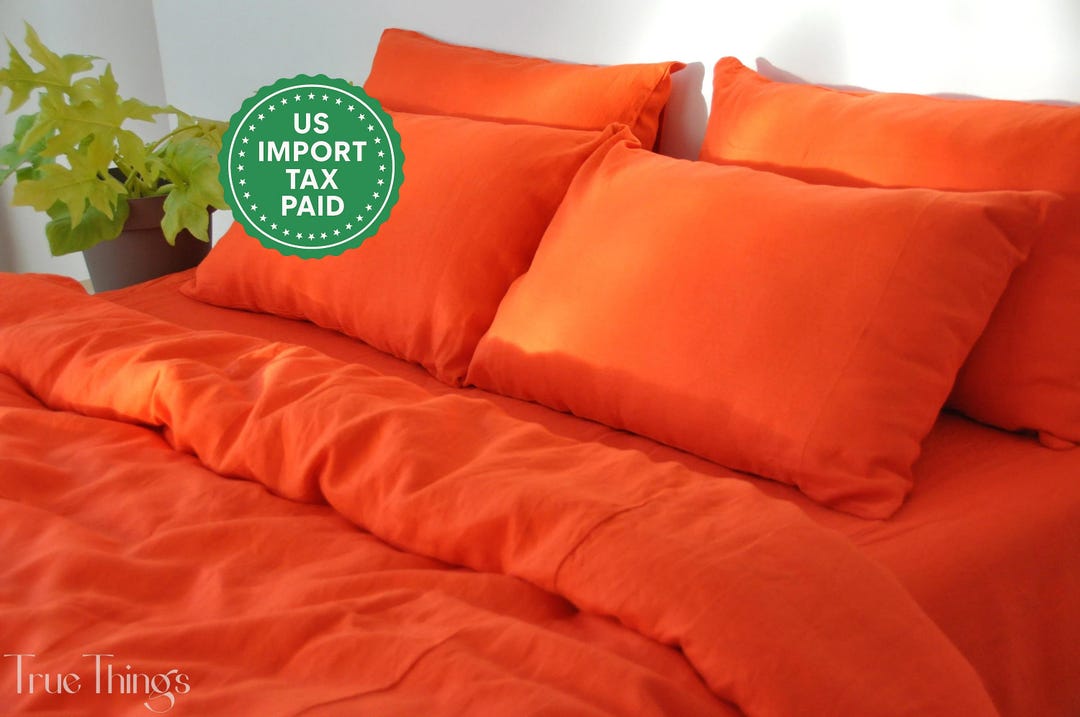 Bright Orange Linen Sheet Set 1 Flat Sheet and 1 Fitted Sheet and 2 ...