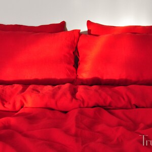 Scarlet Red Linen Bedding Set 1 Duvet Cover and 2 Pillowcases Softened ...