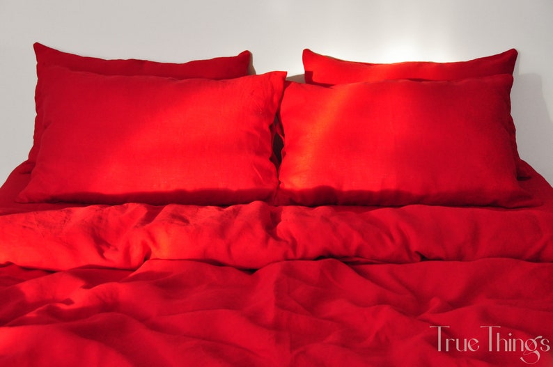 Scarlet Red Linen Bedding Set 1 Duvet Cover and 2 Pillowcases Softened ...