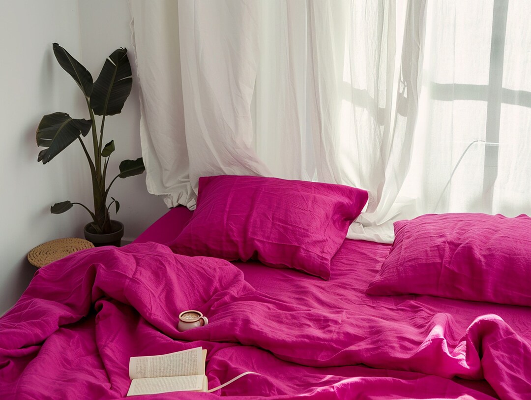 Fuchsia Linen Bedding Set 1 Duvet Cover and 2 Pillowcases Softened ...