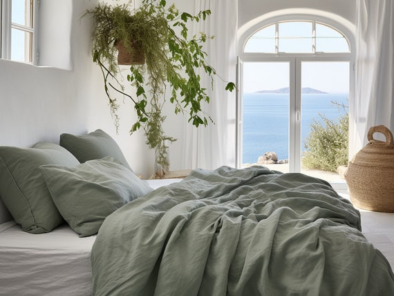 Gray Sage Linen Duvet Cover 1 Duvet Cover Softened Linen Green Comforter Cover Coconut Buttons Ribbon Ties Hidden Closure Etsy UK