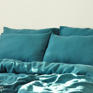 Teal Linen Bedding Set 1 Duvet Cover and 2 Pillowcases Softened Linen ...