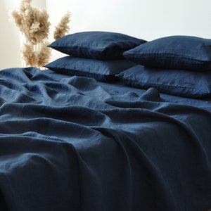 Navy Linen Sheet Set 1 Flat Sheet and 1 Fitted Sheet and 2 Pillowcases ...