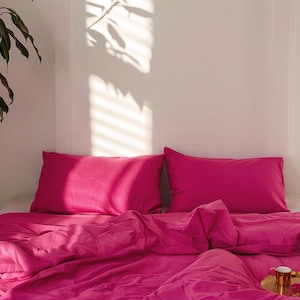 Fuchsia Linen Bedding Set 1 Duvet Cover and 2 Pillowcases Softened ...
