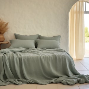 Gray Sage Linen Sheet Set 1 Flat Sheet and 1 Fitted Sheet and 2 ...