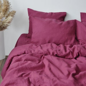 Raspberry Linen Bedding Set 1 Duvet Cover and 2 Pillowcases Softened ...