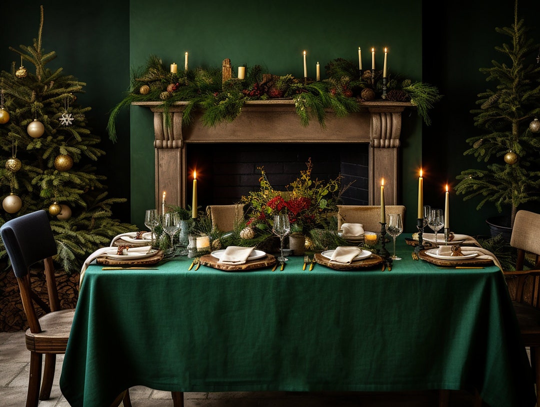 Forest Green Rectangle Linen Tablecloth Christmas Theme Round Square ...
