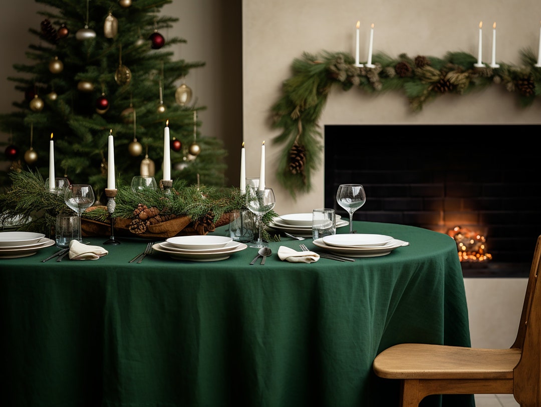 Forest Green Round Linen Tablecloth Christmas Theme Rectangle Square ...