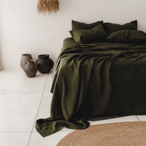 Dark Olive Linen Sheet Set 1 Flat Sheet and 1 Fitted Sheet and 2 ...