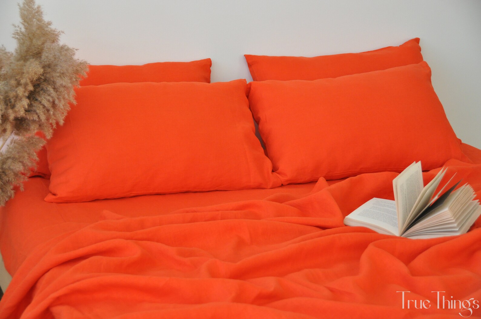 Bright Orange Linen Sheet Set 1 Flat Sheet and 1 Fitted Sheet and 2 ...
