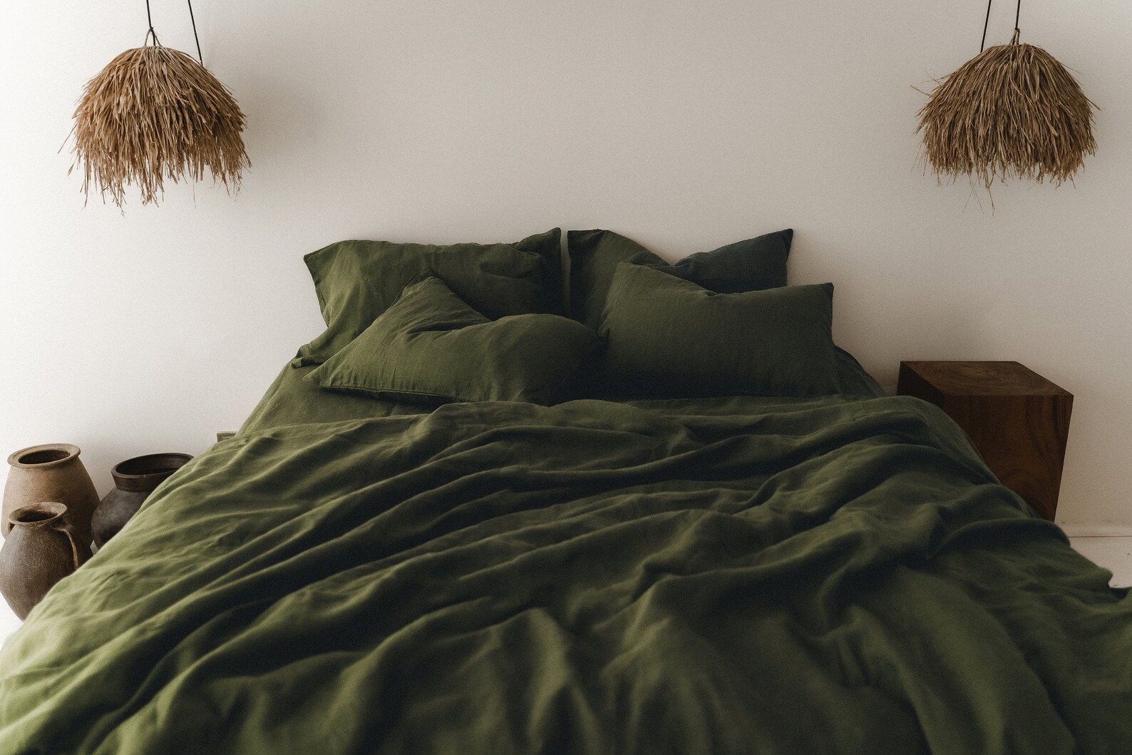 Dark Olive Linen Bedding Set 1 Duvet Cover and 2 Pillowcases in Dark ...